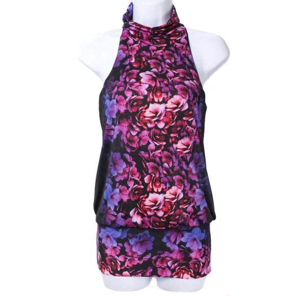 Analili | Tops | Analili Vibrant Floral Mock Neck Banded Bottom ...